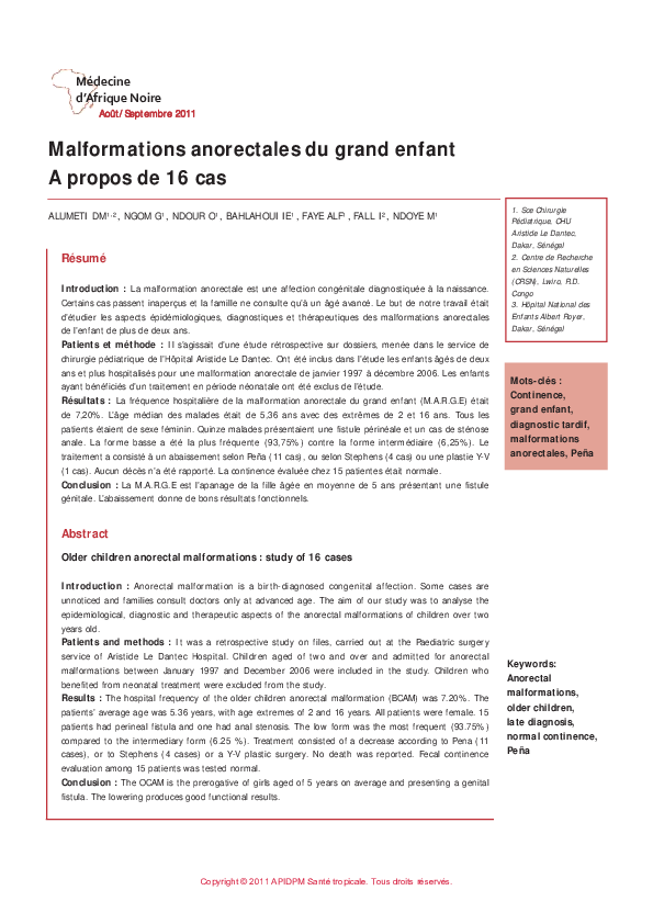 (PDF) Malformations anorectales du grand enfant A propos de 16 cas