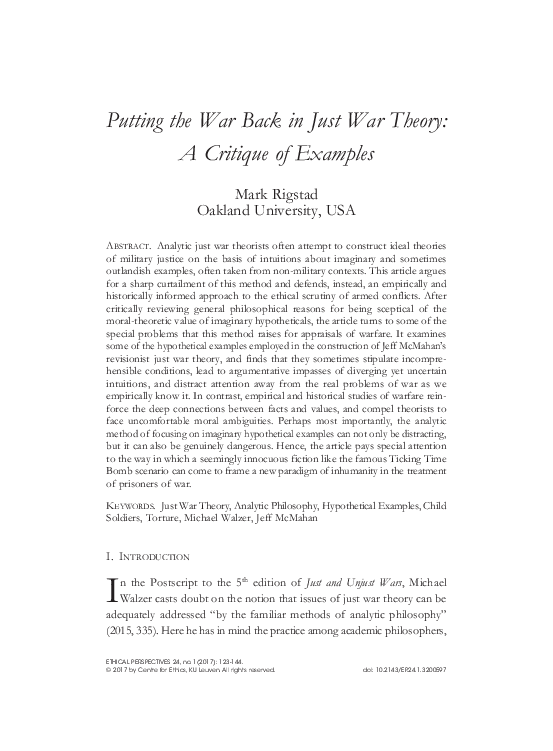 (PDF) Putting the War Back in Just War Theory: A Critique of Examples