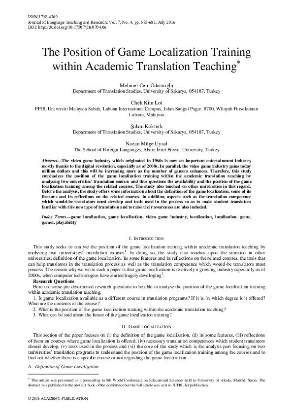 (PDF) The Position of Game Localization Training within Academic ...