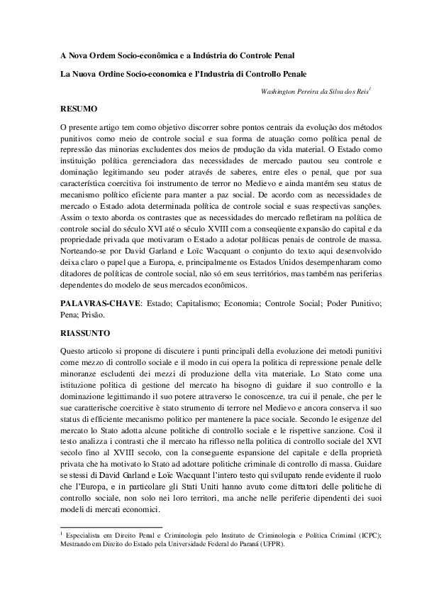 (PDF) A Nova Ordem Socio-econômica e a Indústria do Controle Penal ...
