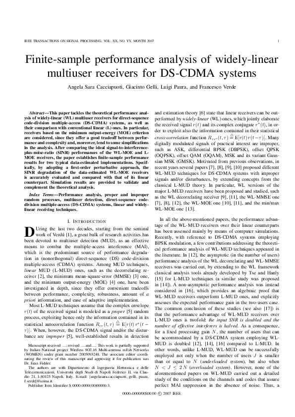 Pdf Finite Sample Performance Analysis Of Widely Linear Multiuser Receivers For Ds Cdma Systems