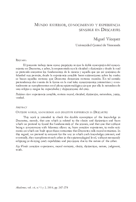 (PDF) Mundo exterior, conocimiento y experiencia sensible en Descartes