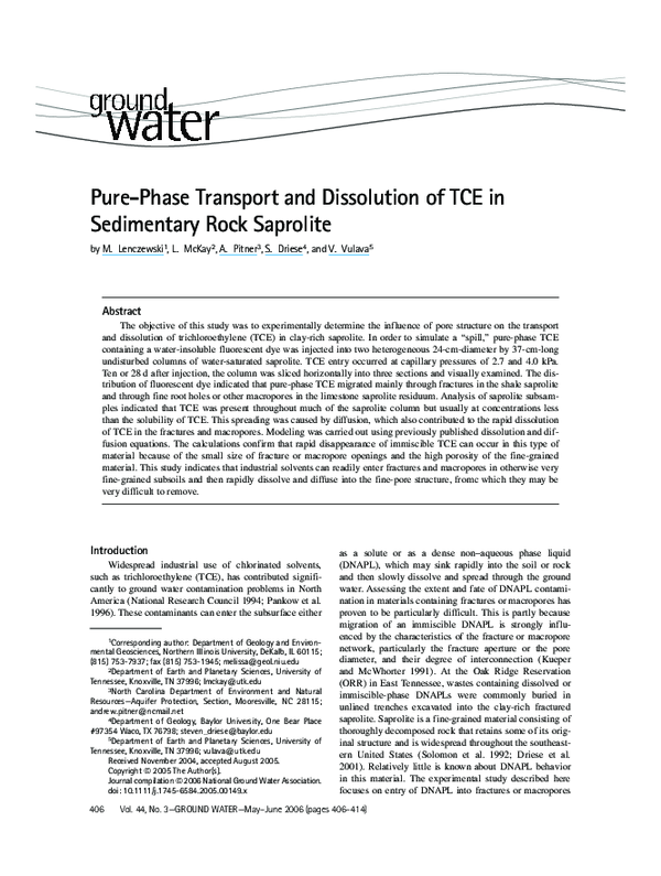 (PDF) Pure-Phase Transport and Dissolution of TCE in Sedimentary Rock ...