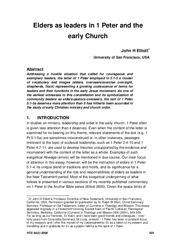 (PDF) Elders as leaders in 1 Peter and the early Church