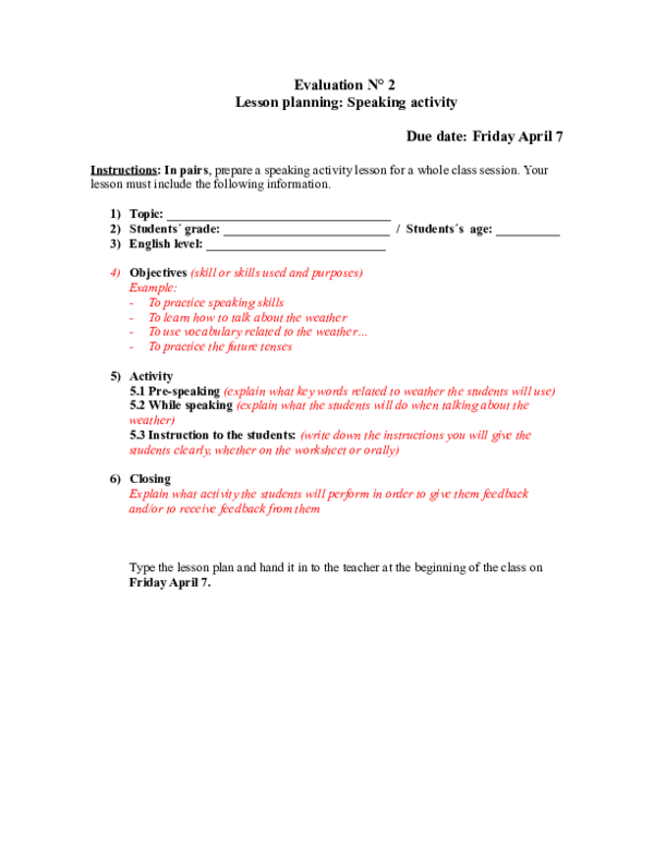 (DOC) Lesson Plan for speaking activity (pair work)