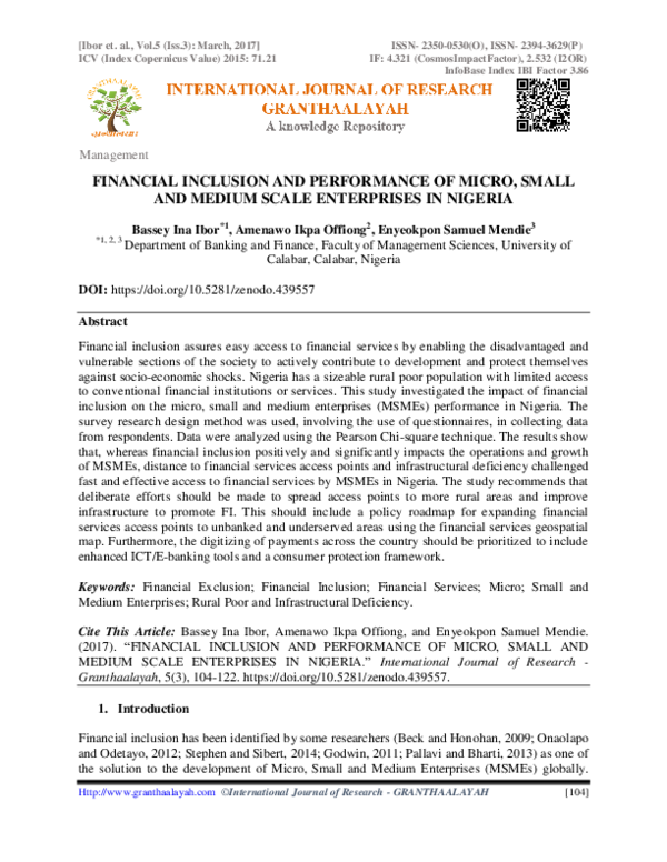 (PDF) FINANCIAL INCLUSION AND PERFORMANCE OF MICRO, SMALL AND MEDIUM SCALE ENTERPRISES IN NIGERIA
