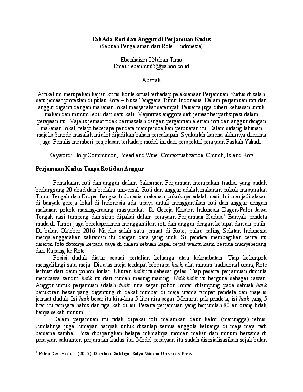 (DOC) Tak Ada Roti dan Anggur di Perjamuan Kudus (Sebuah Pengalaman ...
