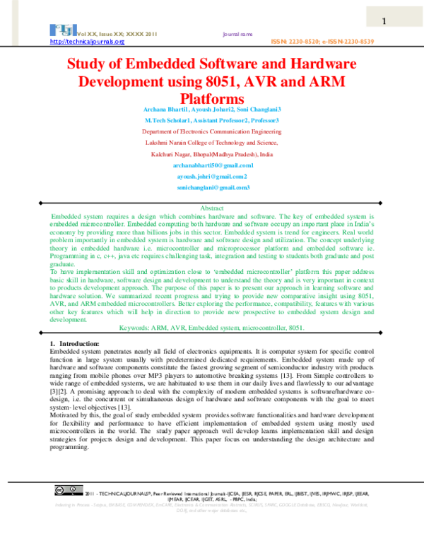 (PDF) Study of Embedded Software and Hardware Development using 8051, AVR and ARM Platforms