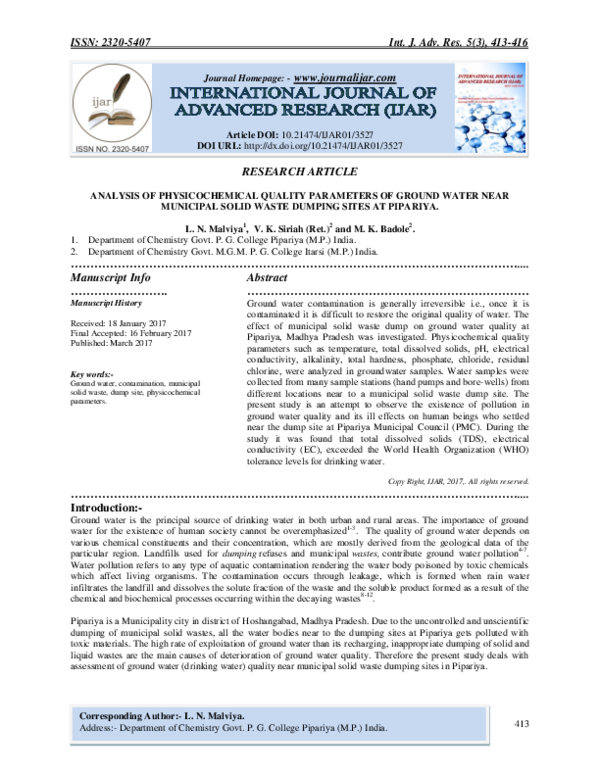 (PDF) ANALYSIS OF PHYSICOCHEMICAL QUALITY PARAMETERS OF GROUND WATER ...