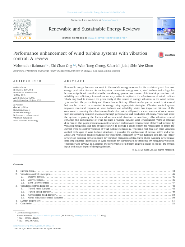 Pdf Performance Enhancement Of Wind Turbine Systems With Vibration Control A Review