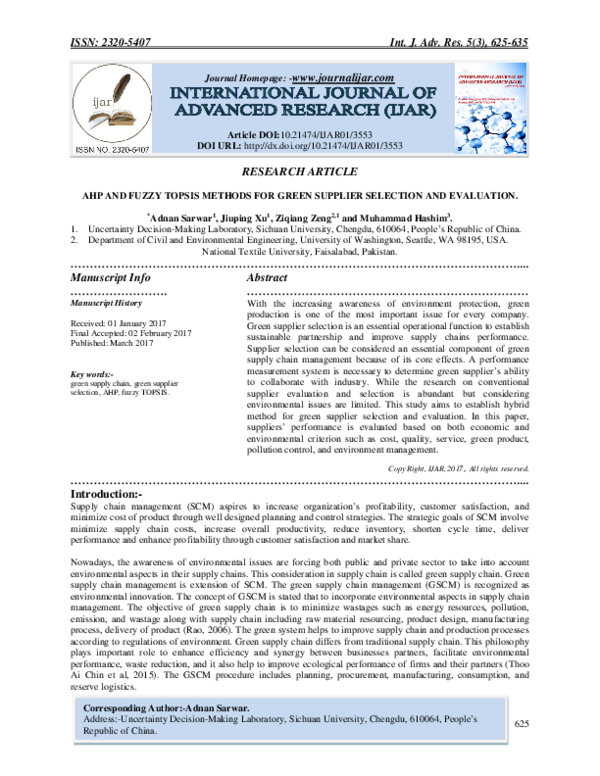 Pdf Ahp And Fuzzy Topsis Methods For Green Supplier Selection And