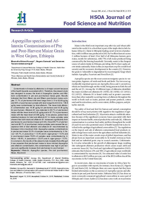 (PDF) Aspergillus species and Aflatoxin Contamination of Pre and Post ...