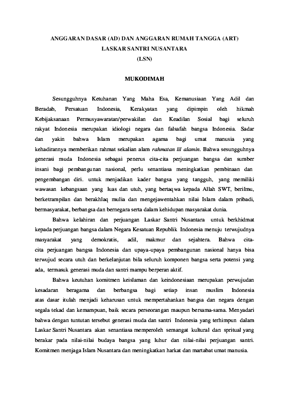 (PDF) ANGGARAN DASAR (AD) DAN ANGGARAN RUMAH TANGGA (ART) LASKAR SANTRI ...