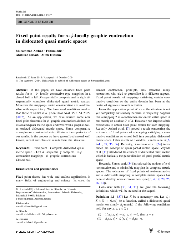 Pdf Fixed Point Results For α ψ Locally Graphic Contraction In Dislocated Qusai Metric Spaces