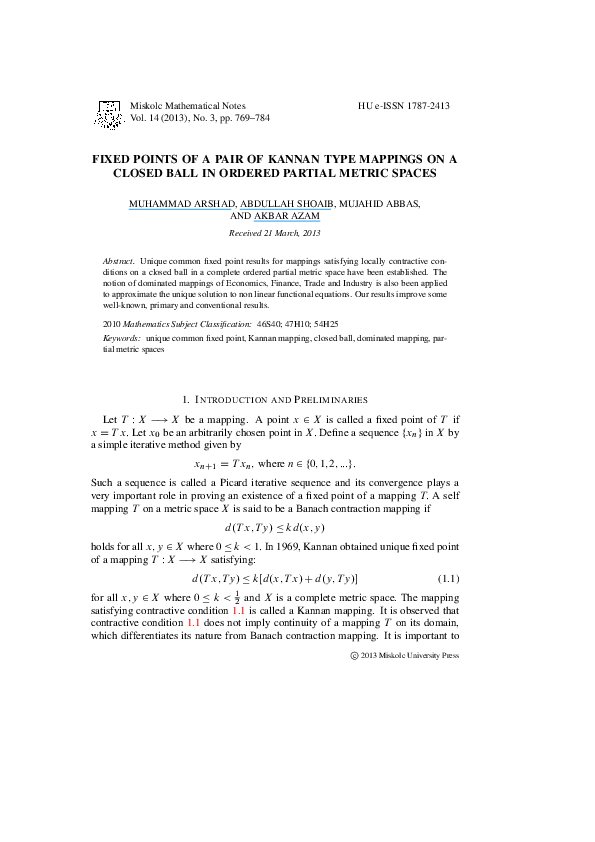 Pdf Fixed Points Of A Pair Of Kannan Type Mappings On A Closed Ball In Ordered Partial Metric