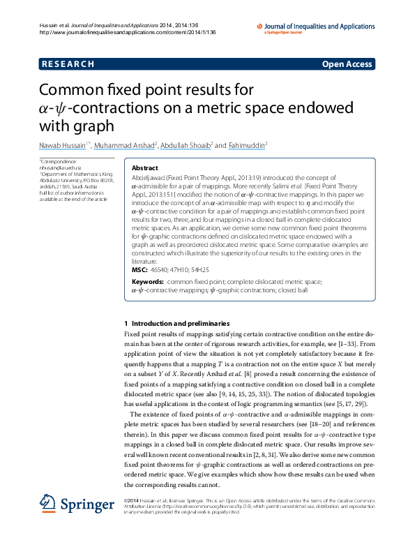 (PDF) Common fixed point results for α-ψ-contractions on a metric space endowed with graph