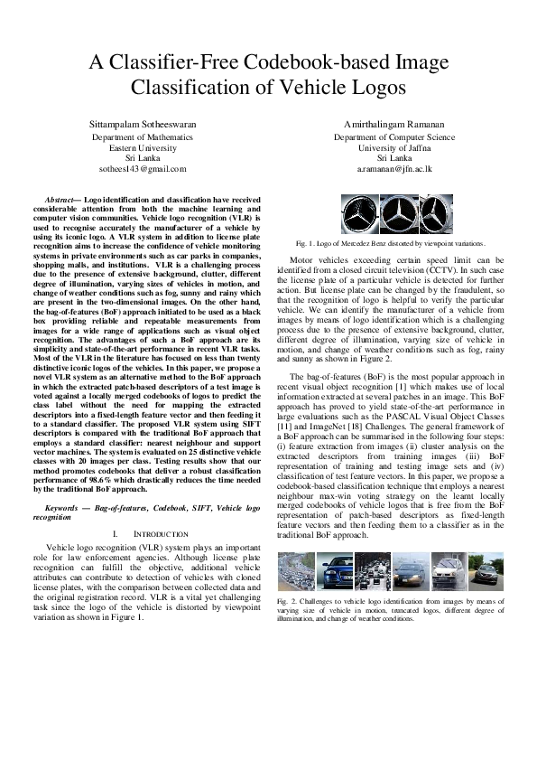 Pdf A Classifier Free Codebook Based Image Classification Of Vehicle