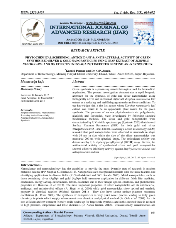 (PDF) PHYTOCHEMICAL SCREENING, ANTIOXIDANT & ANTIBACTERIAL ACTIVITY OF GREEN SYNTHESIZED SILVER ...
