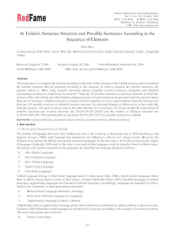 (PDF) In Turkish: Sentence Structure and Possible Sentences According ...