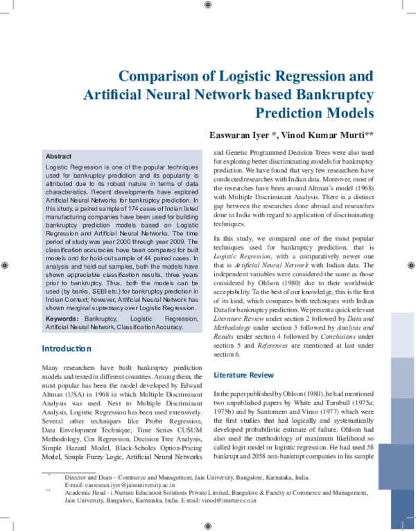 (PDF) Comparison of Logistic Regression and Artificial Neural Network based Bankruptcy ...
