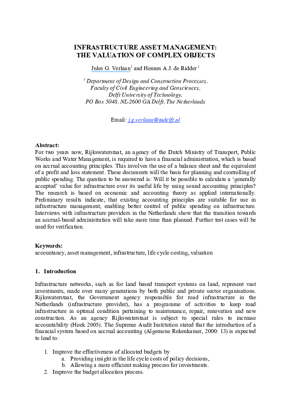 (PDF) Infrastructure asset management: The valuation of complex objects