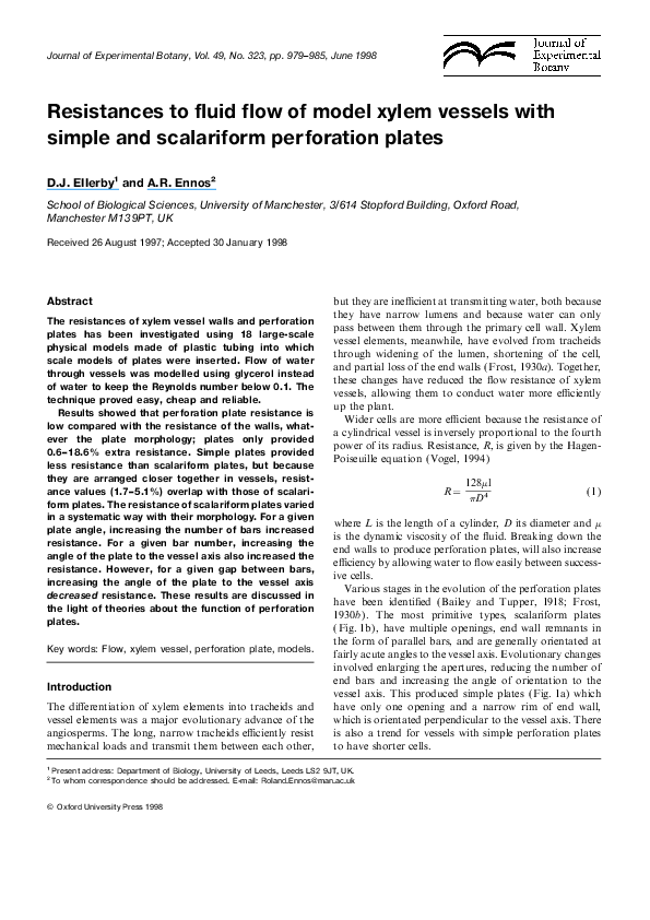 (PDF) Resistances to fluid flow of model xylem vessels with simple and ...