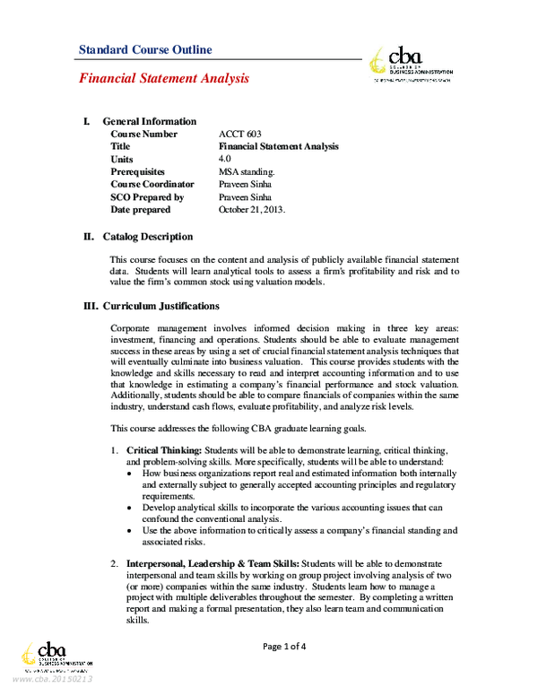 (PDF) Standard Course Outline Financial Statement Analysis