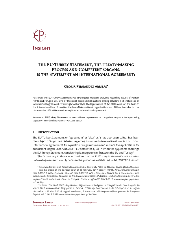 (PDF) G. Fernández Arribas, "Insight: The EU-Turkey Statement, the ...