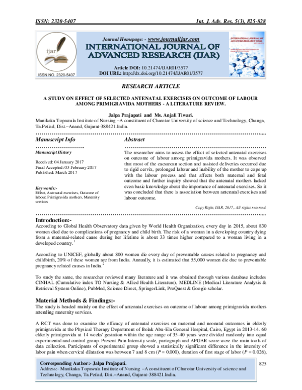 (PDF) A STUDY ON EFFECT OF SELECTED ANTENATAL EXERCISES ON OUTCOME OF LABOUR AMONG PRIMIGRAVIDA ...