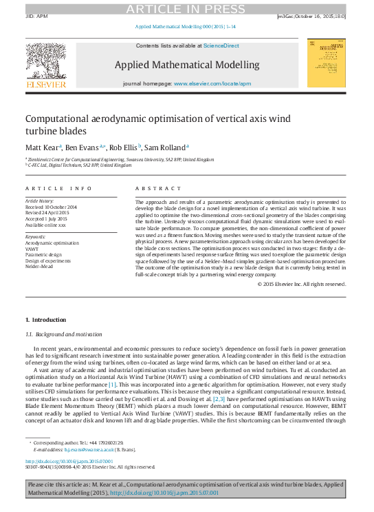 Pdf Computational Aerodynamic Optimisation Of Vertical Axis Wind Turbine Blades Rob Ellis
