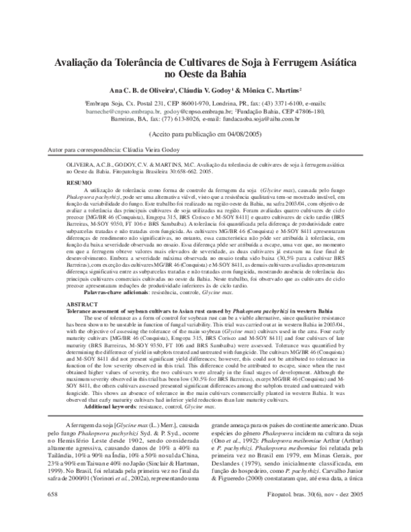 (PDF) Avalia o da toler ncia de cultivares de soja ferrugem asi tica no oeste da Bahia