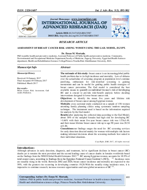 (PDF) ASSESSMENT OF BREAST CANCER RISK AMONG WOMEN USING THE GAIL MODEL ...
