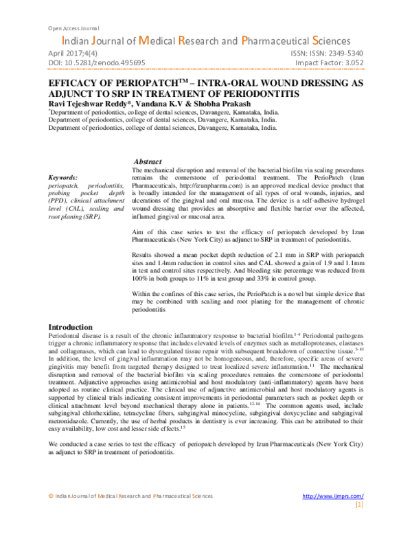 (PDF) EFFICACY OF PERIOPATCH TM – INTRA-ORAL WOUND DRESSING AS ADJUNCT ...