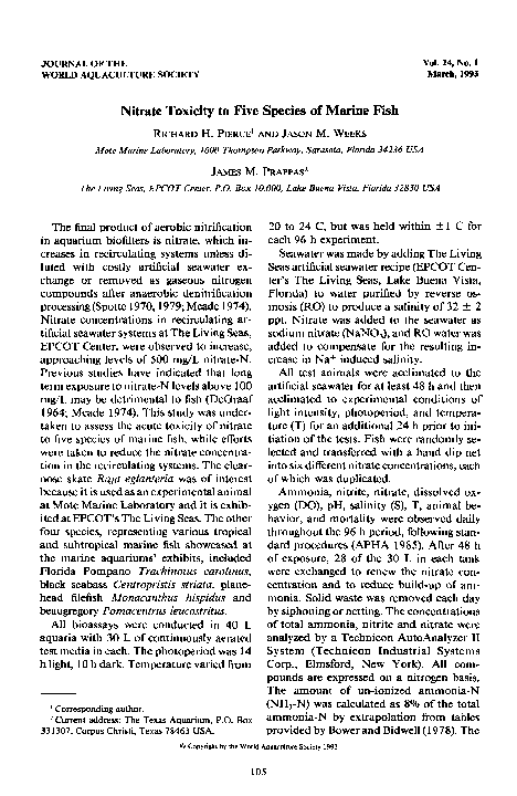 (PDF) Nitrate Toxicity to Five Species of Marine Fish
