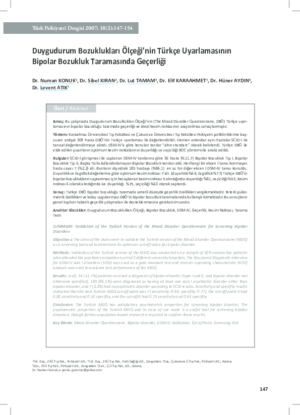 (PDF) [Validation of the Turkish version of the mood disorder ...