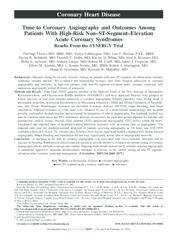 (PDF) Time to Coronary Angiography and Outcomes Among Patients With ...