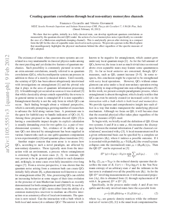 (PDF) Creating quantum correlations through local non-unitary memoryless channels