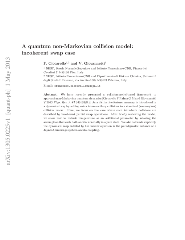 (PDF) A quantum non-Markovian collision model: incoherent swap case