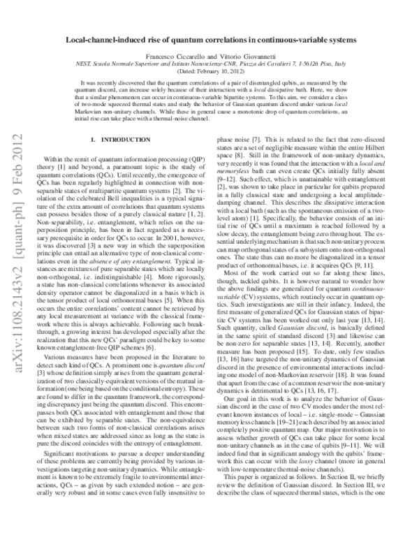 (PDF) Local-channel-induced rise of quantum correlations in continuous-variable systems ...