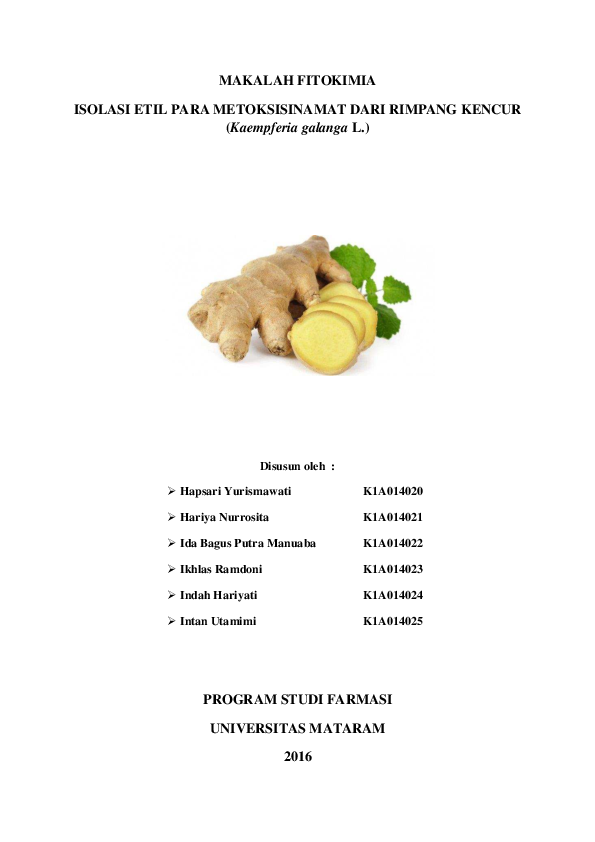 (PDF) MAKALAH FITOKIMIA ISOLASI ETIL PARA METOKSISINAMAT DARI RIMPANG ...