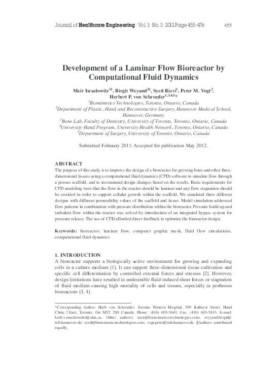 Pdf Development Of A Laminar Flow Bioreactor By Computational Fluid