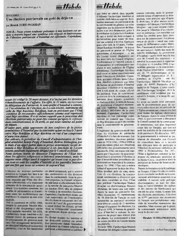 (PDF) Hratch Tchiligirian, "Une élection patriarcale au goût de déjà-vu"