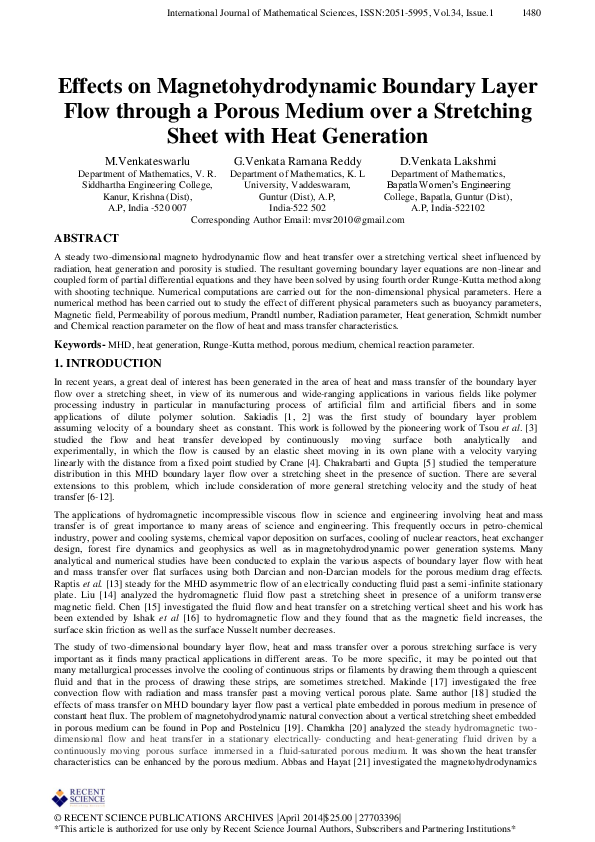Pdf Effects On Magnetohydrodynamic Boundary Layer Flow Through A Porous Medium Over A