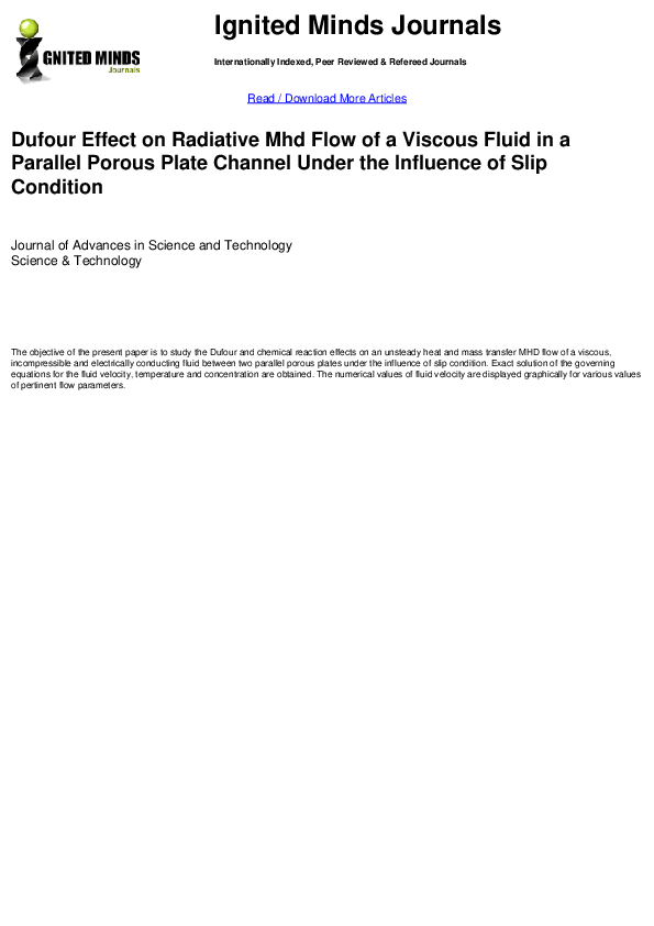 (PDF) Dufour Effect on Radiative Mhd Flow of a Viscous Fluid in a ...