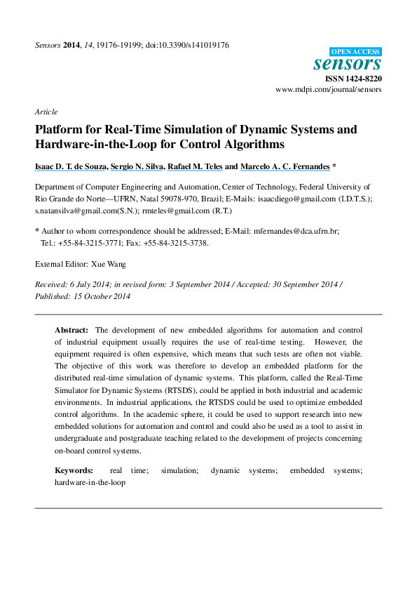 Pdf Platform For Real Time Simulation Of Dynamic Systems And Hardware In The Loop For Control