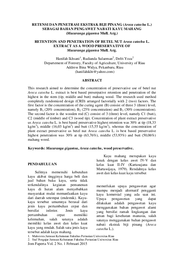 (PDF) RETENSI DAN PENETRASI EKSTRAK BIJI PINANG (Areca catechu L.) SEBAGAI BAHAN PENGAWET NABATI ...
