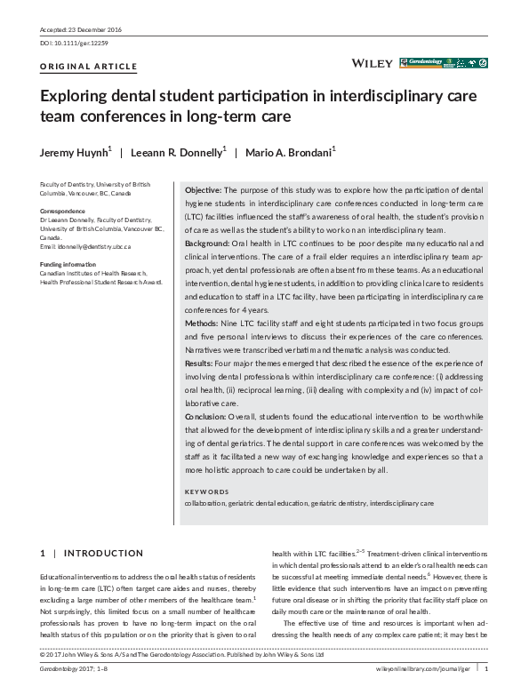 (PDF) Exploring dental student participation in interdisciplinary care ...