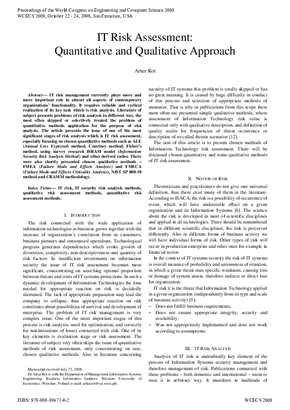 (PDF) IT Risk Assessment: Quantitative and Qualitative Approach