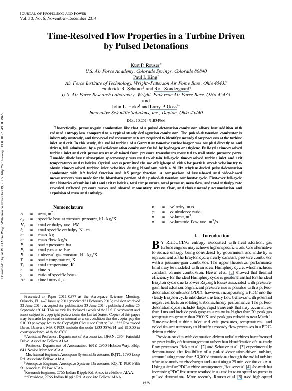 (PDF) Time-Resolved Flow Properties in a Turbine Driven by Pulsed Detonations