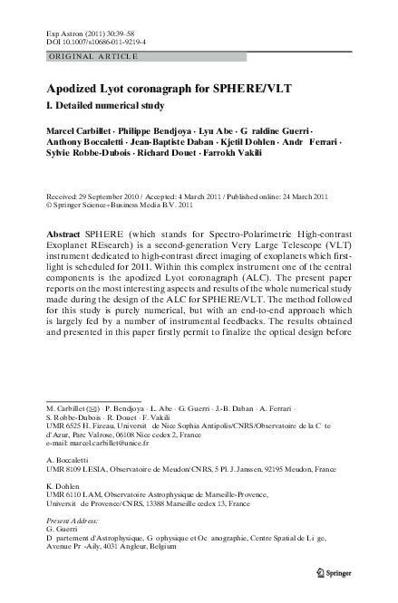 (PDF) Apodized Lyot coronagraph for SPHERE/VLT